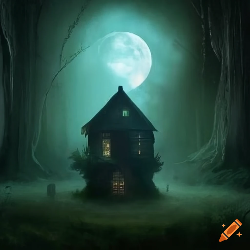 Surrealist mystic forest house with moon on Craiyon