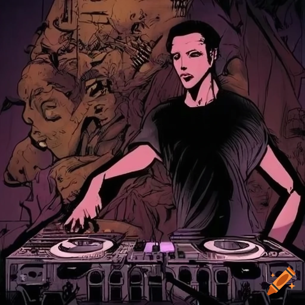 Comic noir depiction of a techno dj on Craiyon