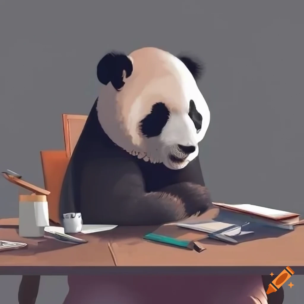 Panda sitting and studying at a desk in a side view on Craiyon