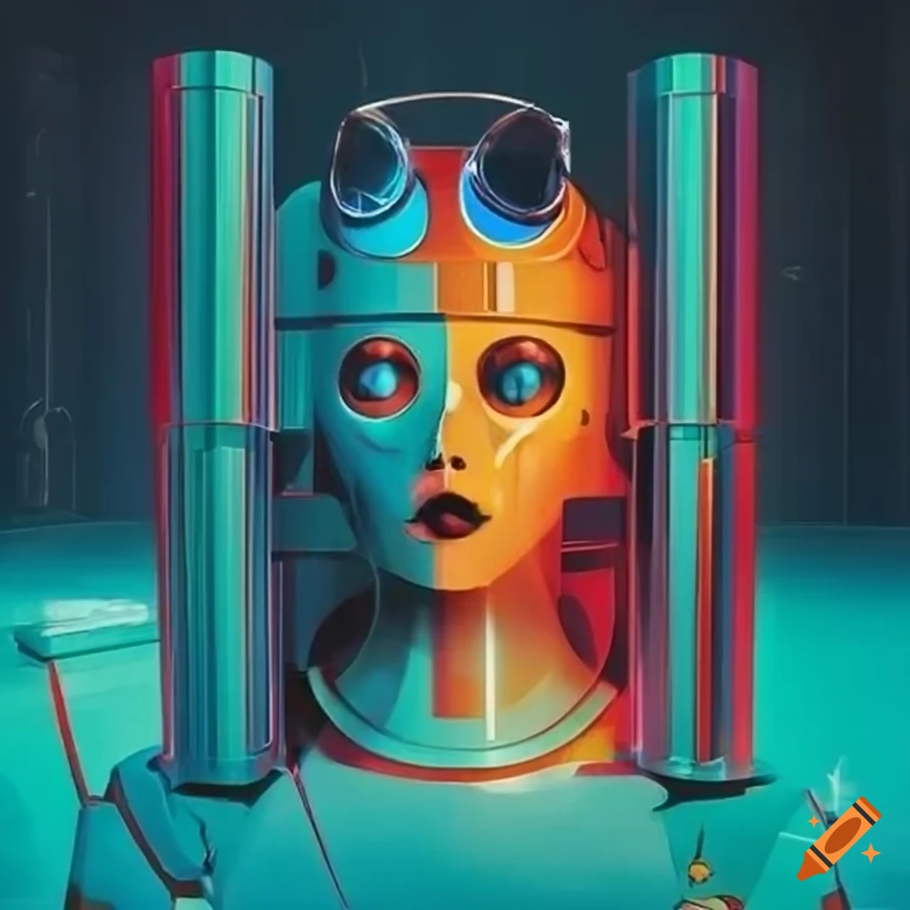 1970s style inside double album cover with a community of futuristic robots on Craiyon