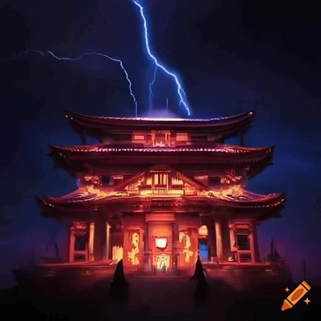 Giant anime temple surrounded by glowing lightning currents on Craiyon