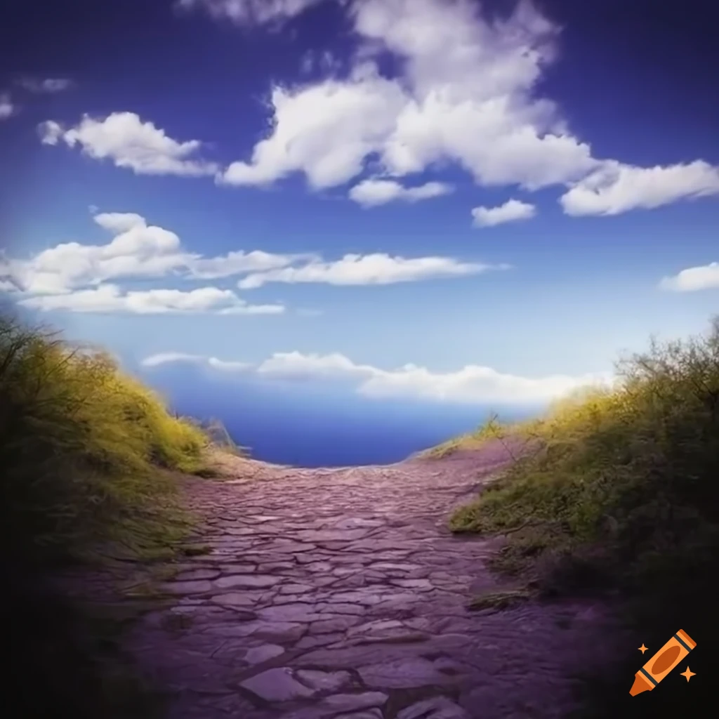 Stone path leading past a hill under a bright blue sky with an ...