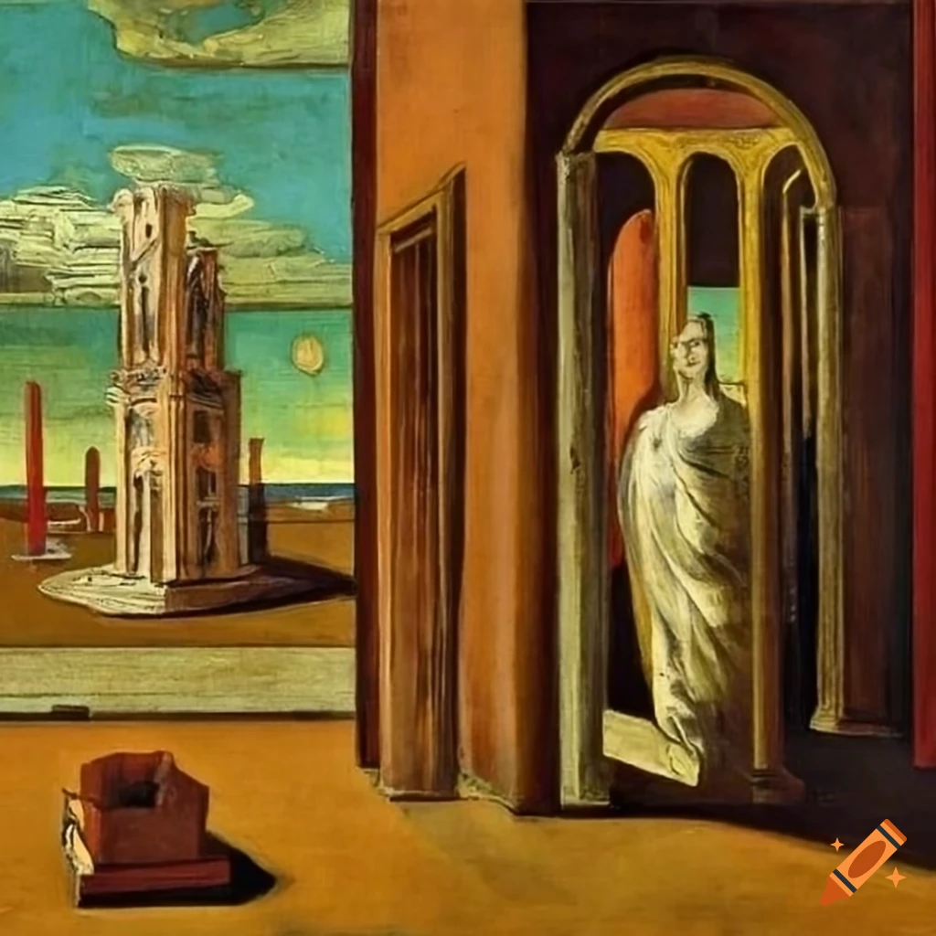 Giorgio de chirico painting of a mythic journey in ancient rome on Craiyon