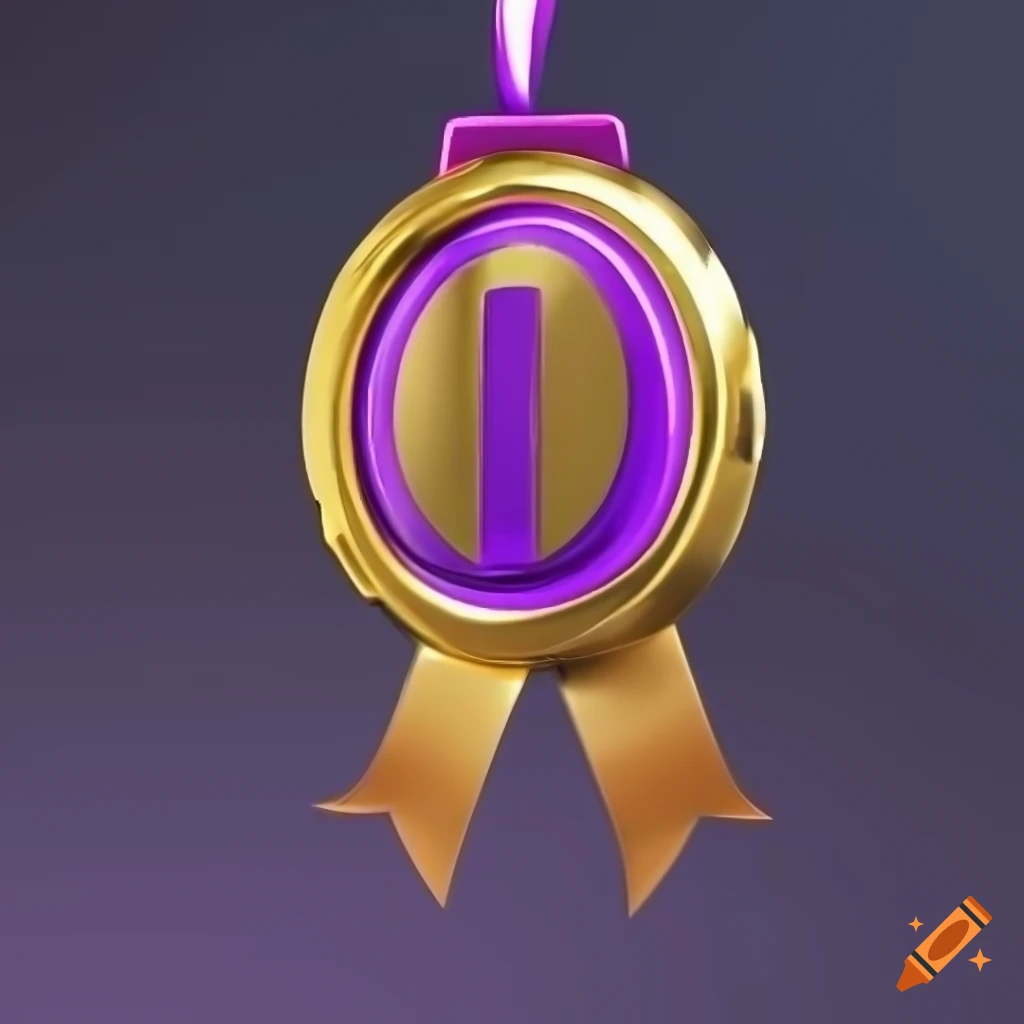 Golden medal with violet ribbon in 3d studio lighting on Craiyon