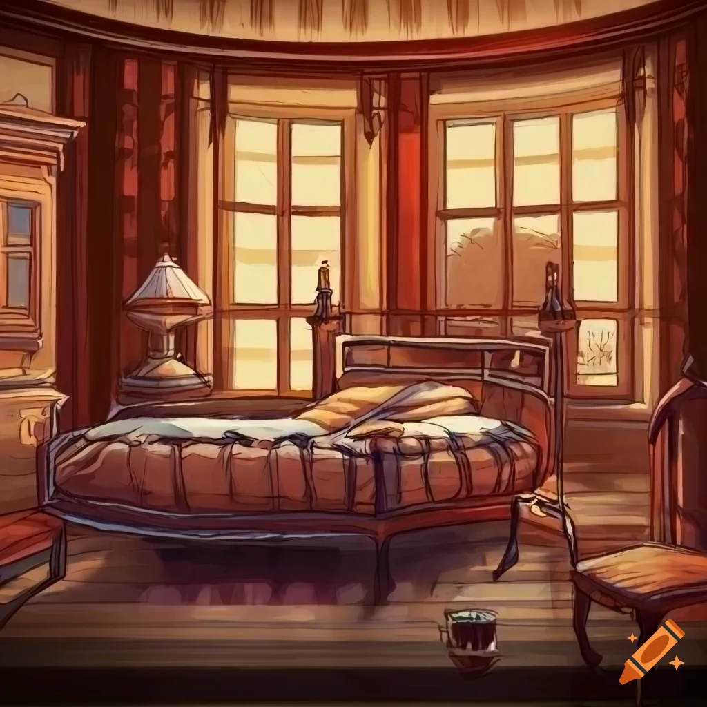 Interior of a mansion bedroom in an illustration on Craiyon