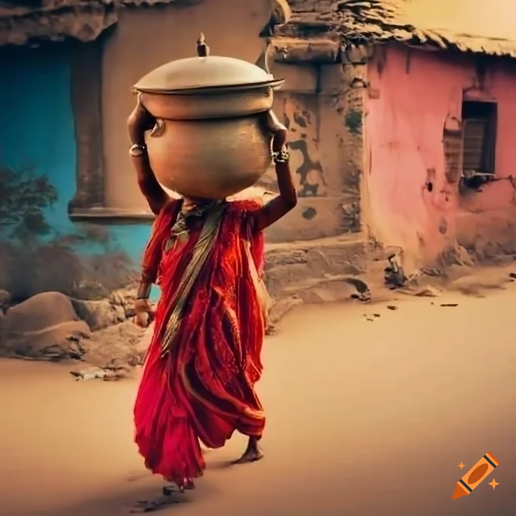 Indian woman carrying pot in a colorful village scene on Craiyon