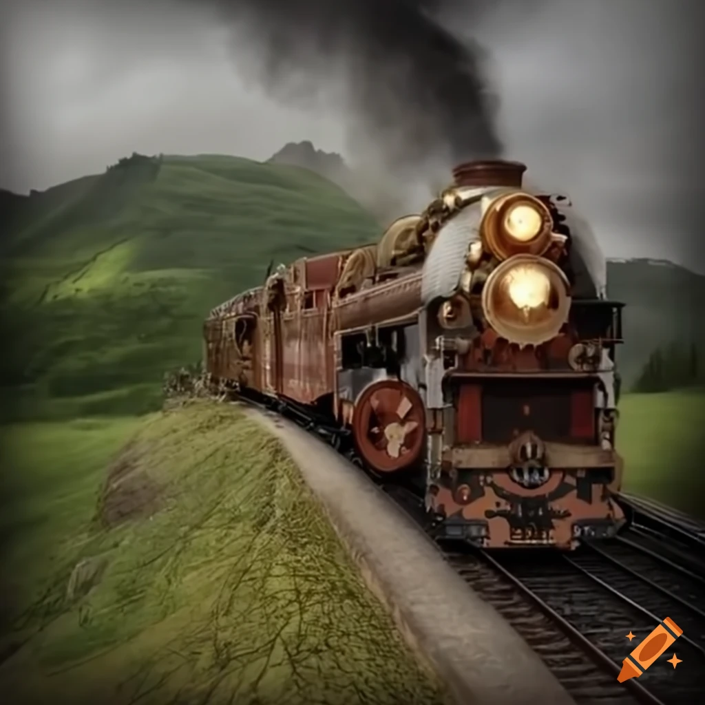 Steampunk train crossing a valley on Craiyon