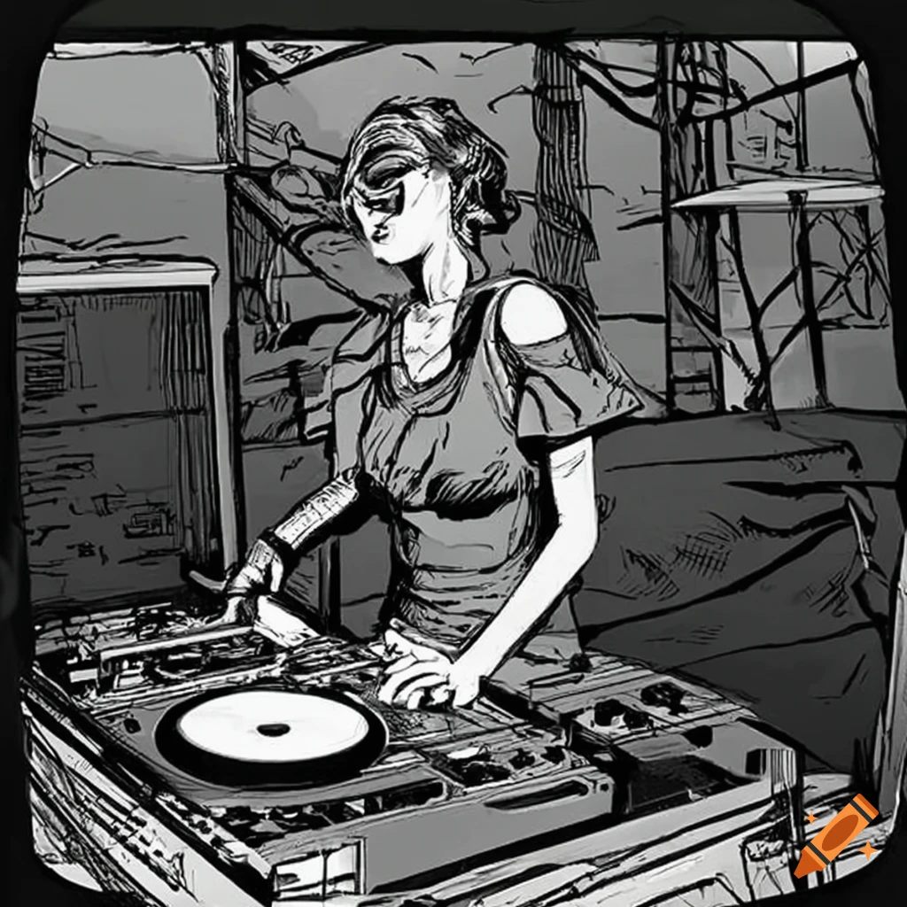 Comic noir depiction of a techno dj on Craiyon