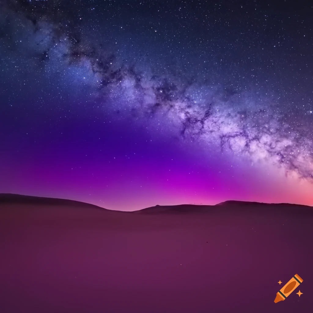 Purple desert at night under a cosmic sky on Craiyon