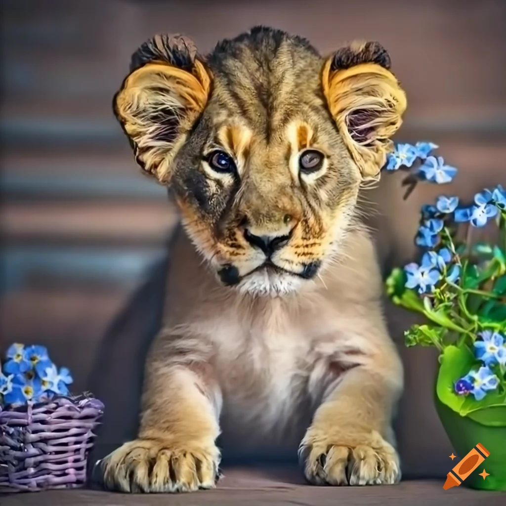 Lion puppy sitting near a basket of forget-me-not flowers on Craiyon
