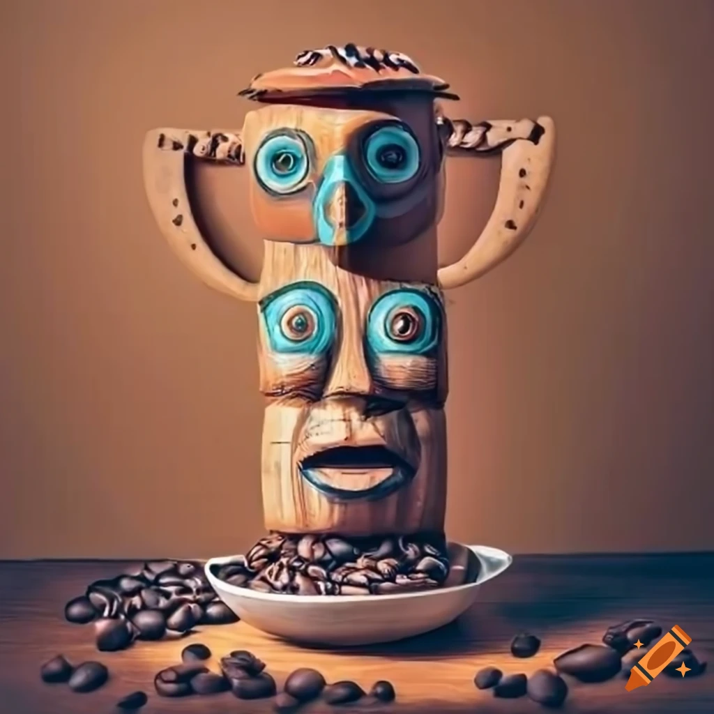 Carving of a coffee cup under a stylized coffee pot with human face on ...