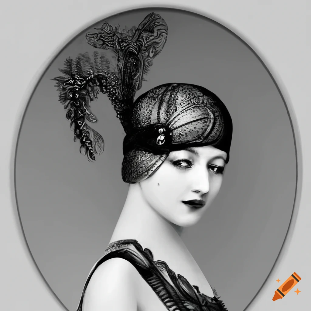 Oval framed 2d illustration of a 1920s flapper in black and white on ...