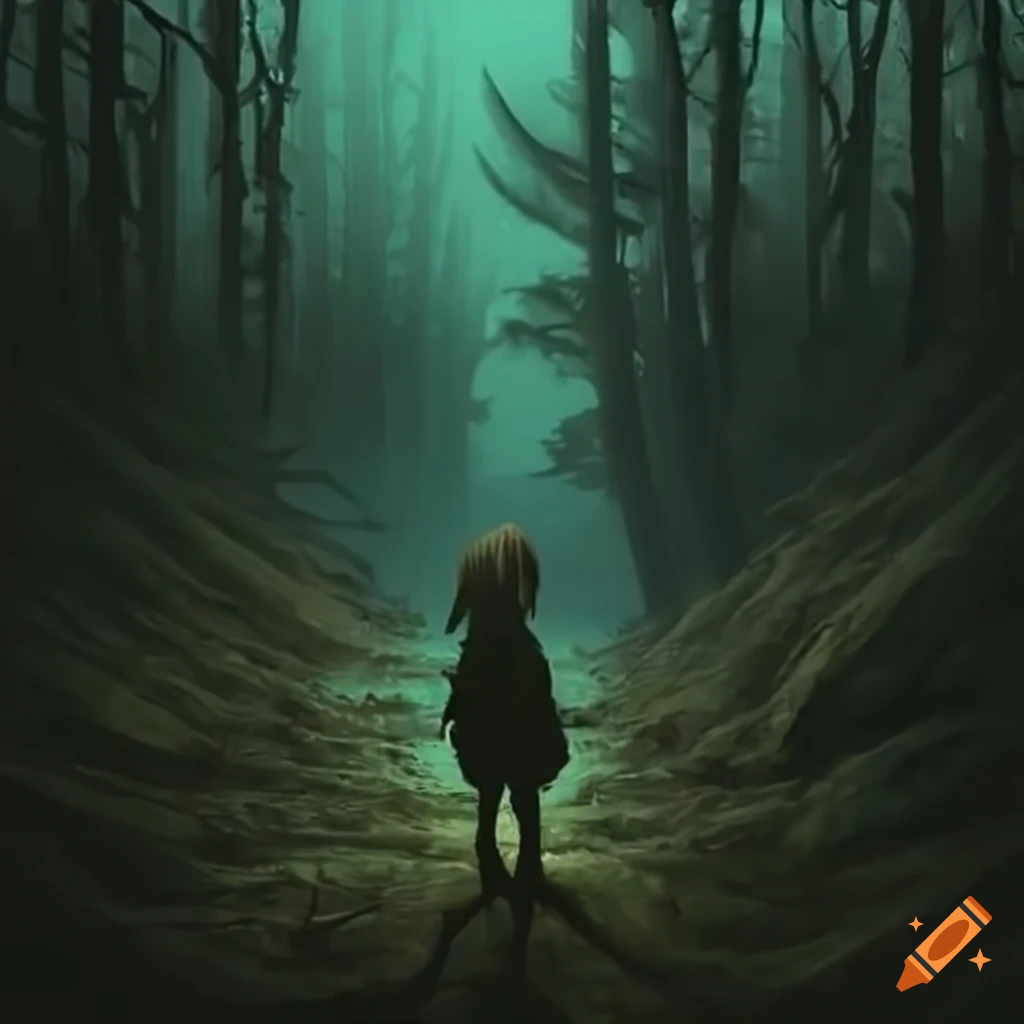 Shadowy figure in dark woods on Craiyon