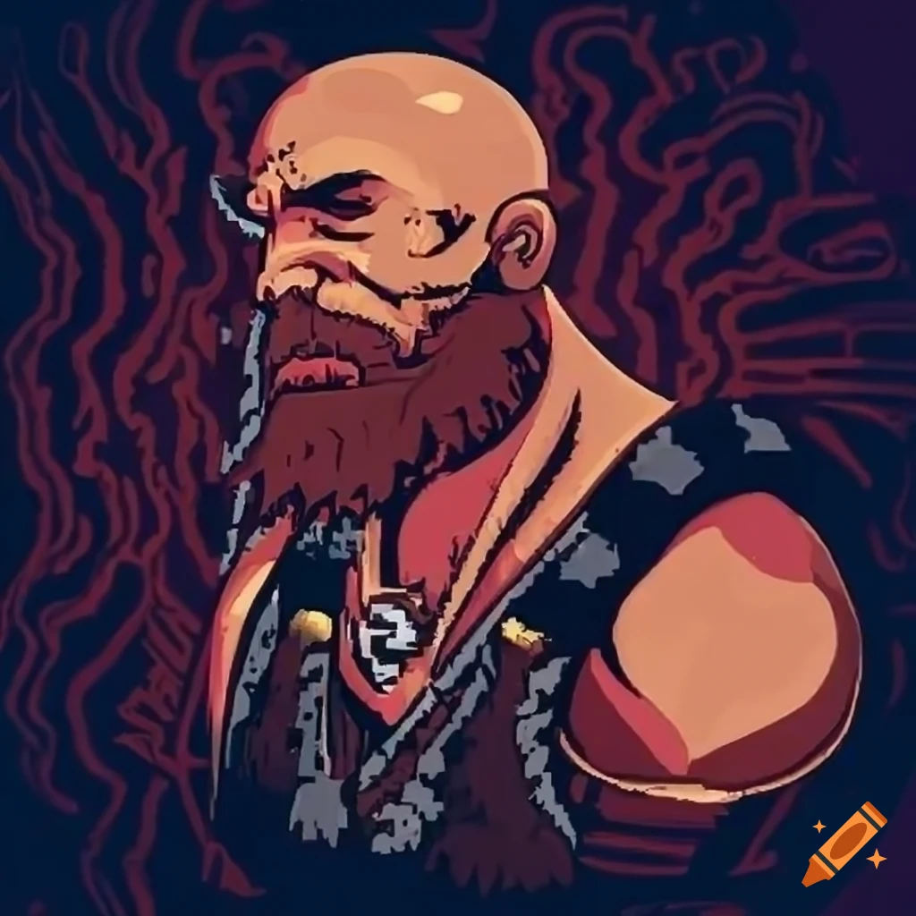 Retro art-style depiction of a bald bearded barbarian on Craiyon
