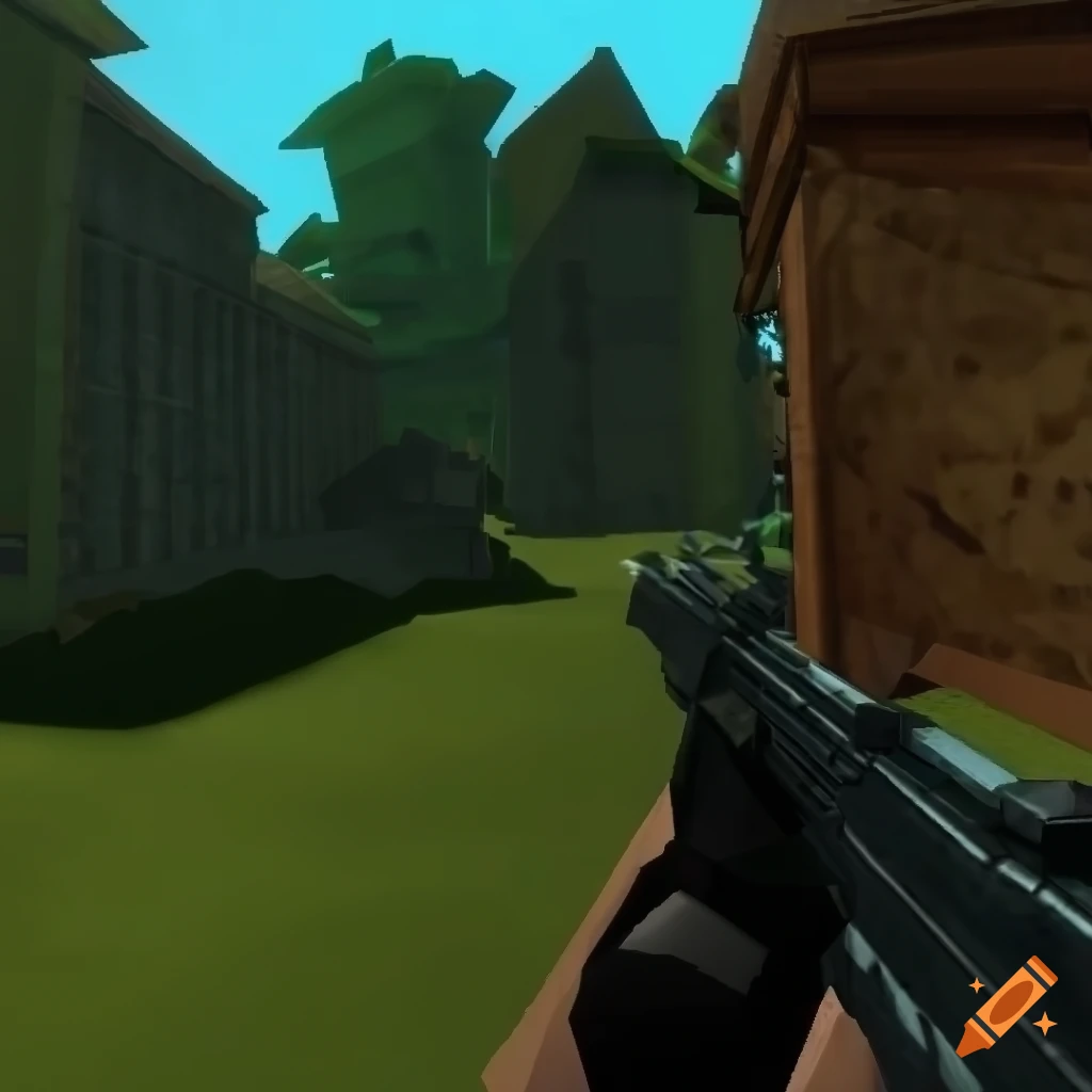 Screenshot from a low poly FPS game with unfiltered textures on Craiyon