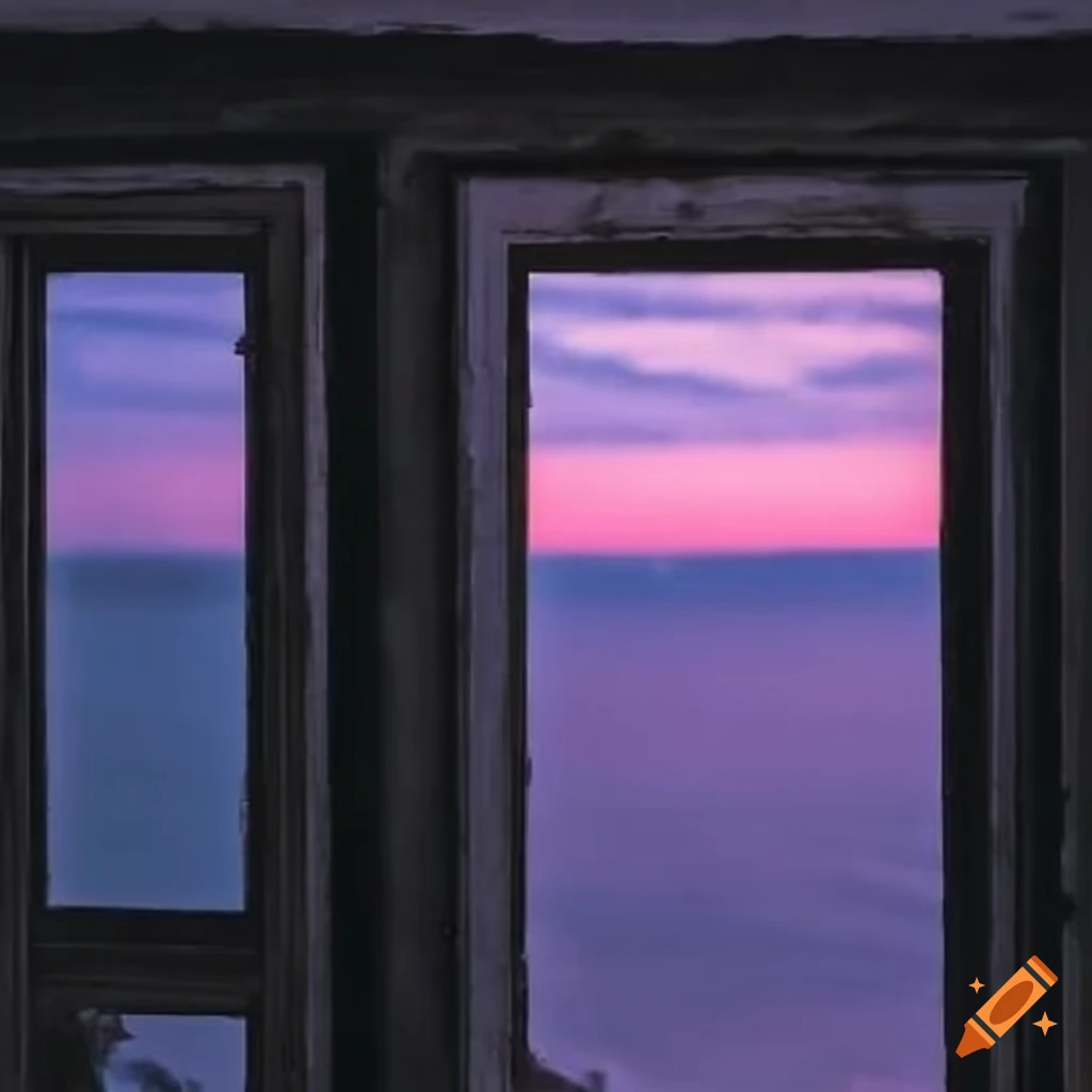 Peaceful pastel sky view from an old house window on Craiyon