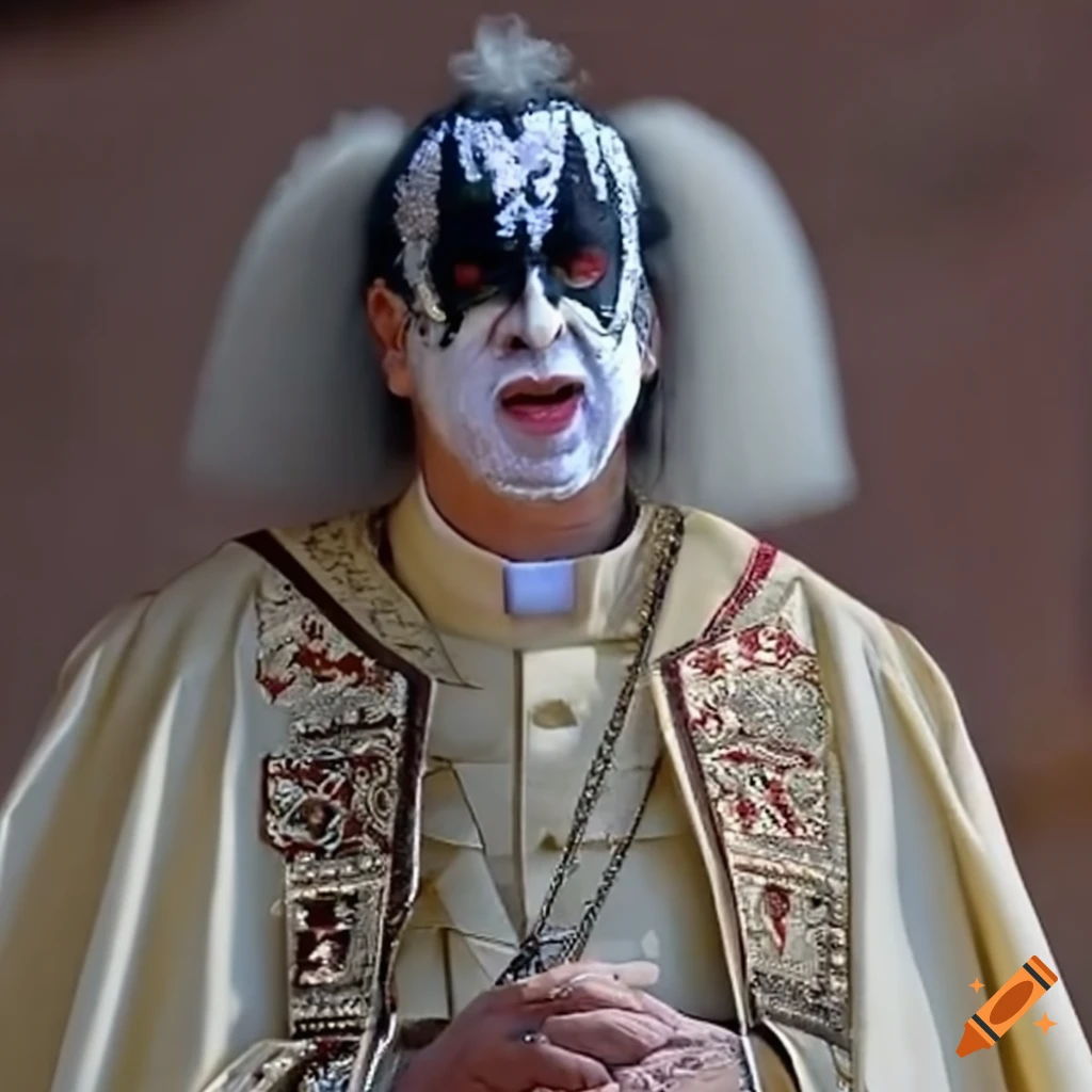 Satirical depiction of the pope dressed like gene simmons on Craiyon