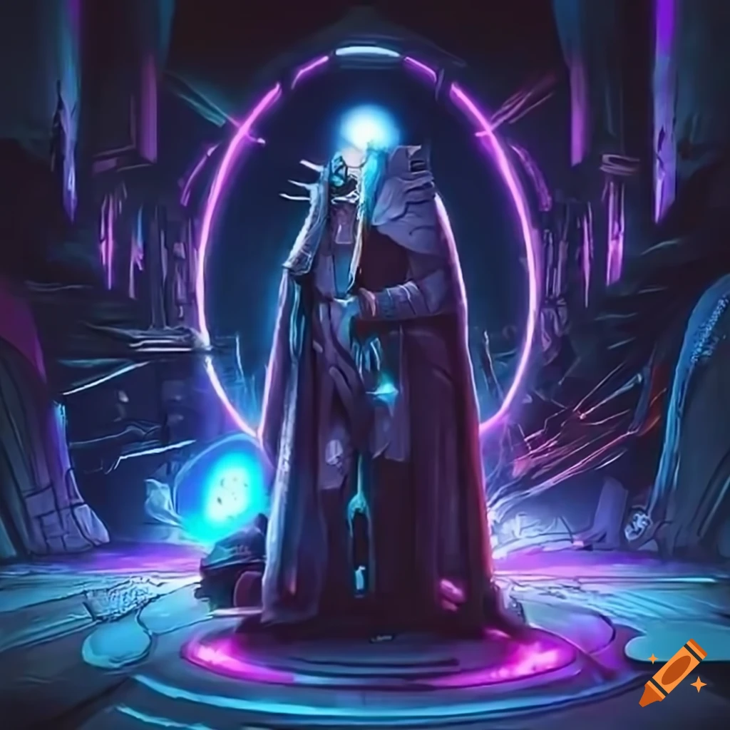 Cyberpunk sci-fi wizard stepping through a magic portal on Craiyon