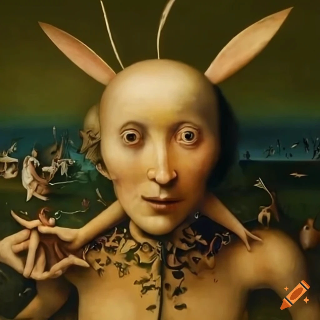 Surrealist painting with rabbits inspired by Garden of Earthly Delights ...