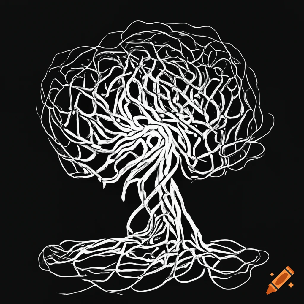 Line drawing of a knotted, twisted tree on black background on Craiyon