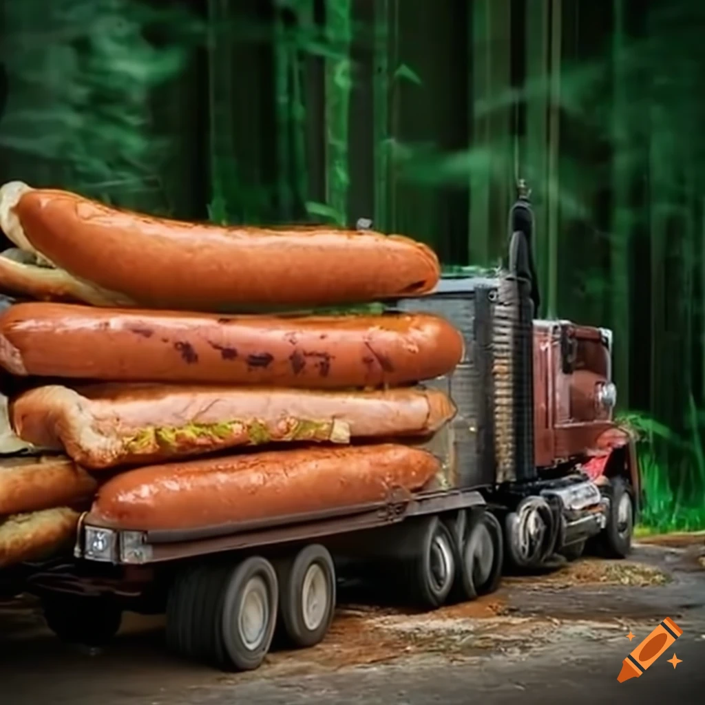 Logging truck filled with giant hot dogs on Craiyon