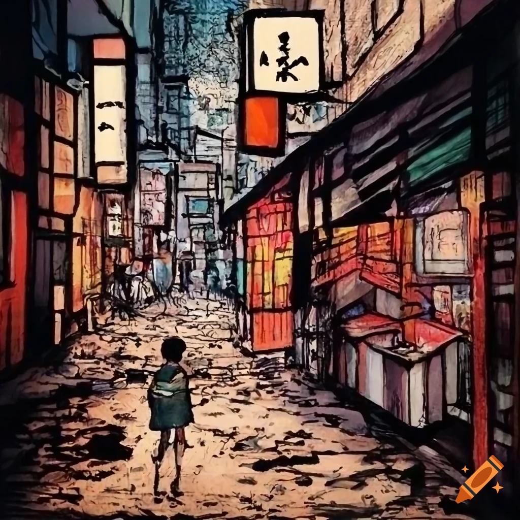 Creepy Japanese fish store street in Impressionism style on Craiyon