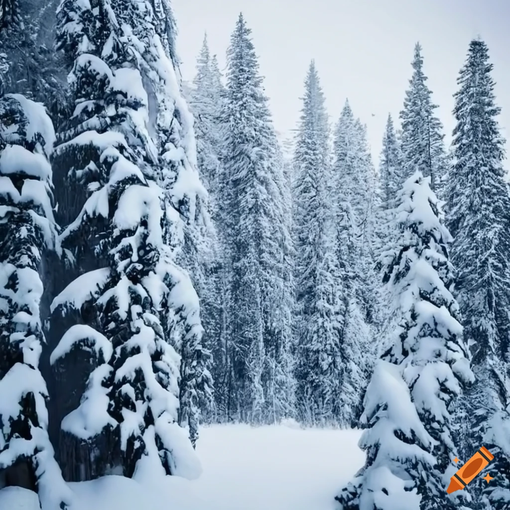 Snow-covered dense forest in the northern mountains on Craiyon