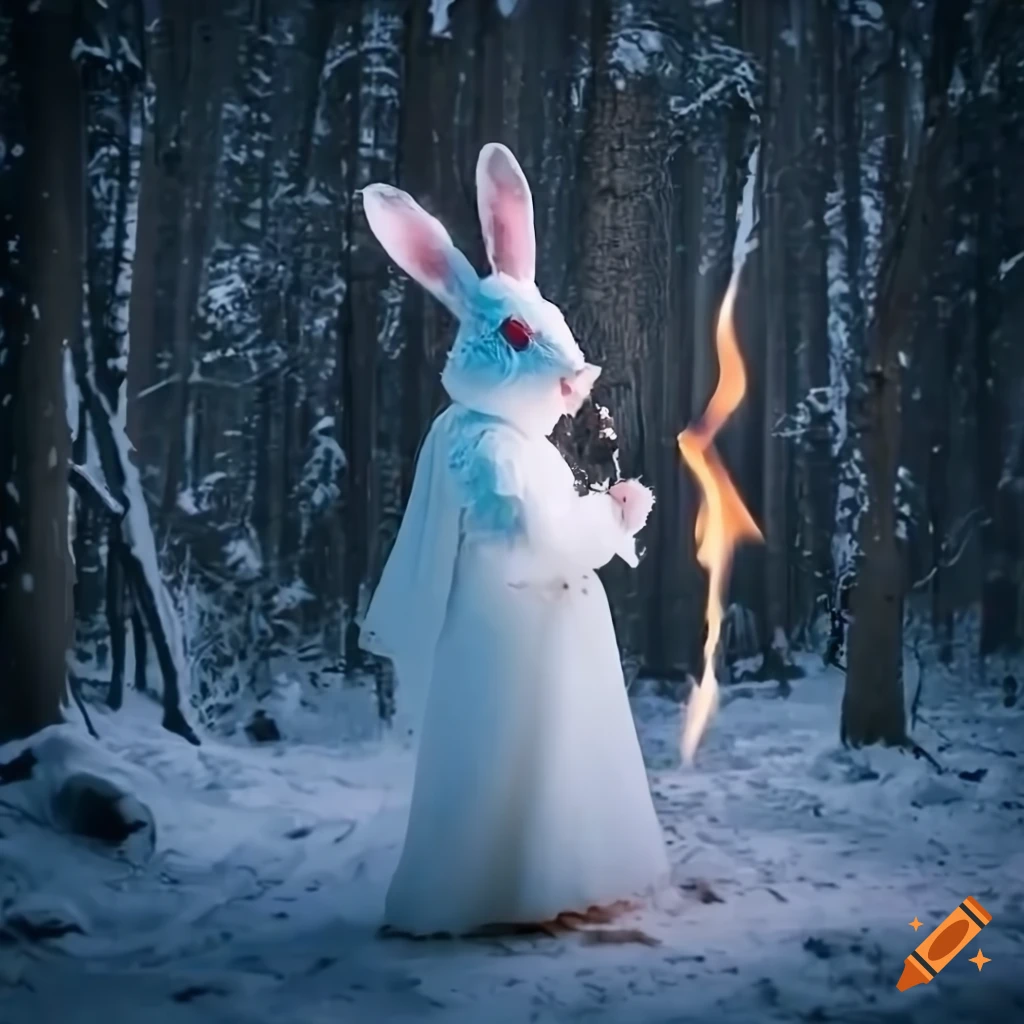 White rabbit wizard with red eyes in a snowy forest surrounded by ...