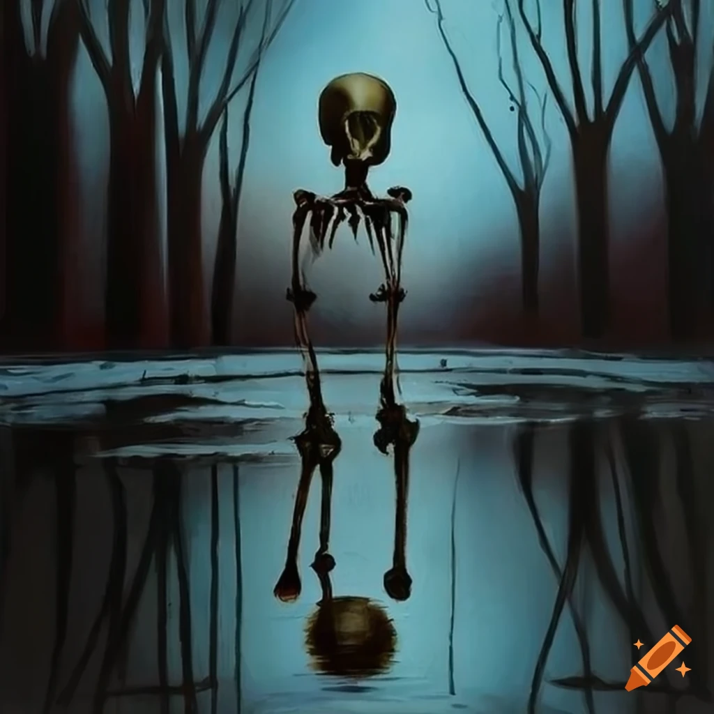 Skeleton looking at reflection in wet pavement in an oil painting on ...