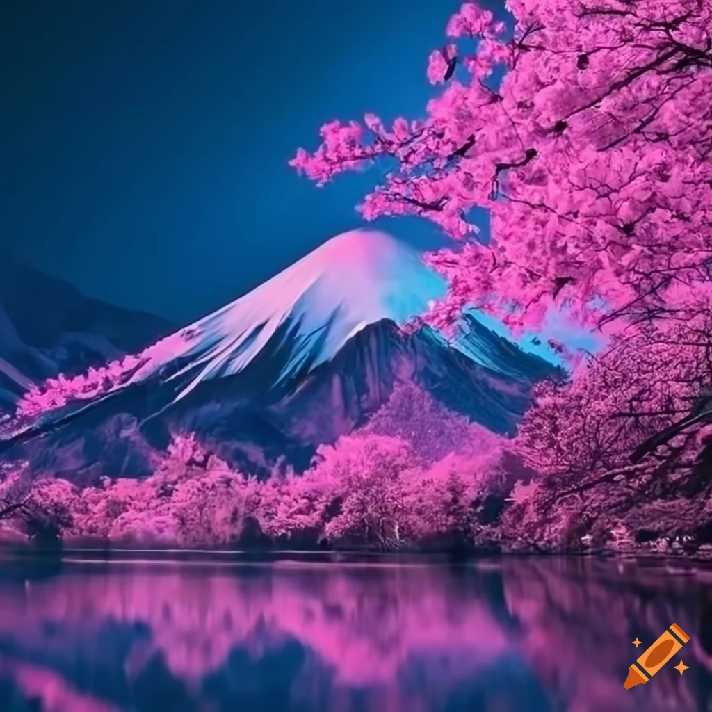 Neon cherry blossom in front of a mountainous landscape on Craiyon