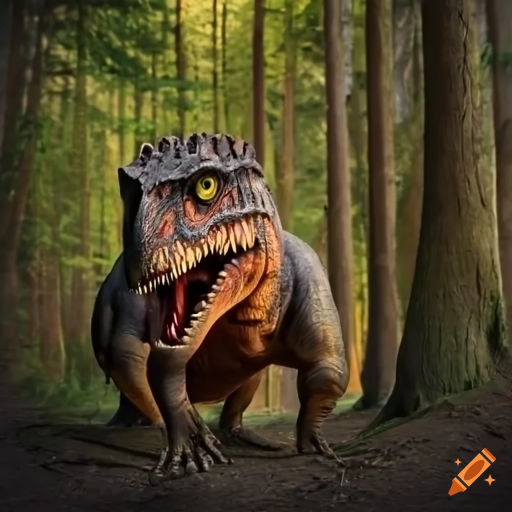 Angry dinosaur in the forest at sunset on Craiyon