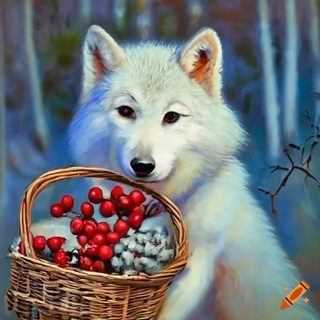 White wolf with a basket of red berries in a winter forest on Craiyon