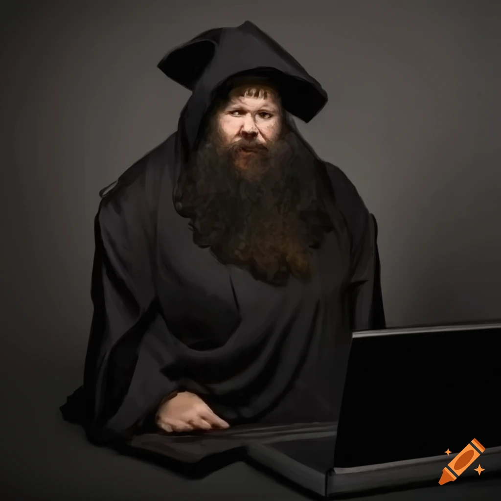 Wizard with black beard and robe sitting at a computer on Craiyon