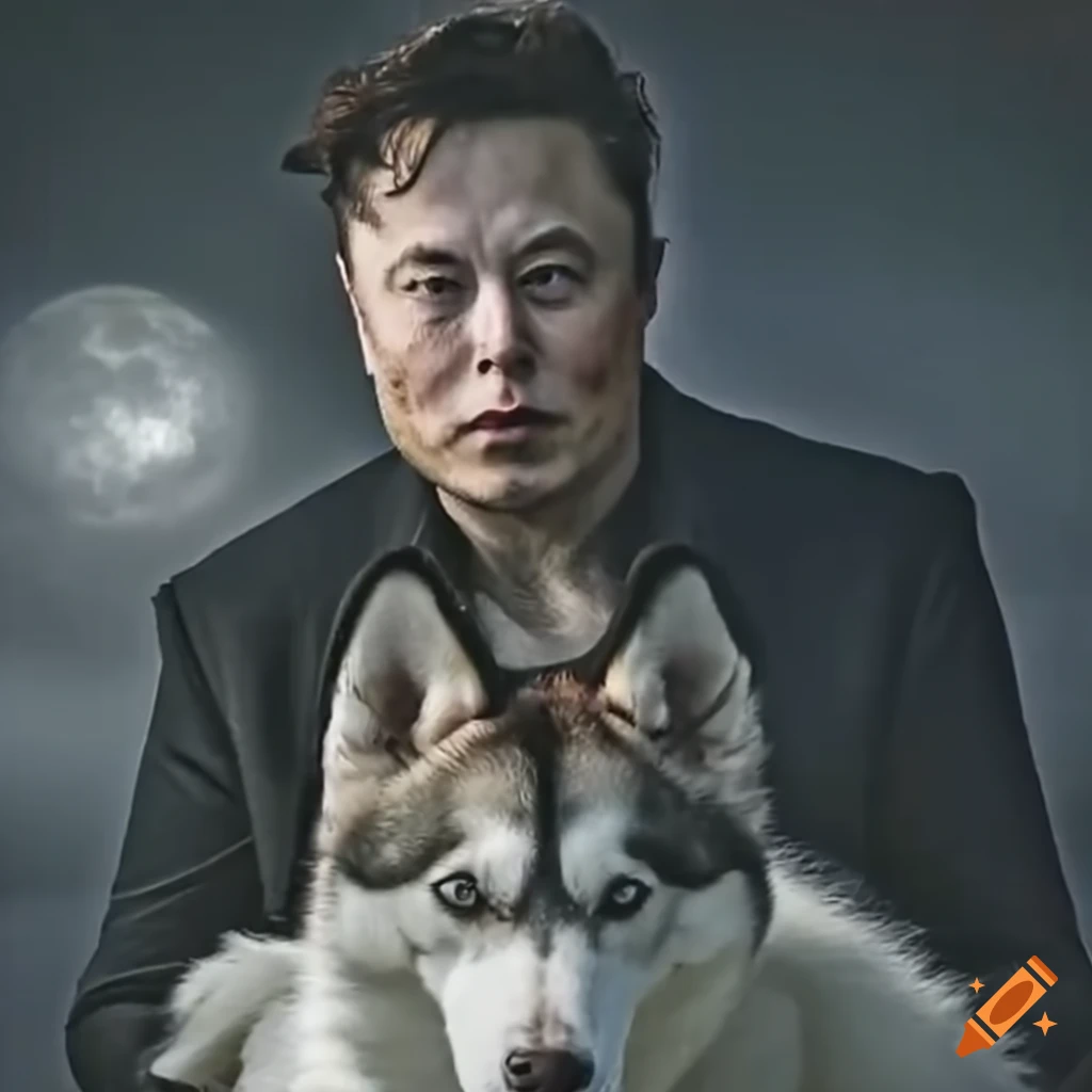 Elon musk with black husky dog in a moonlit scene on Craiyon