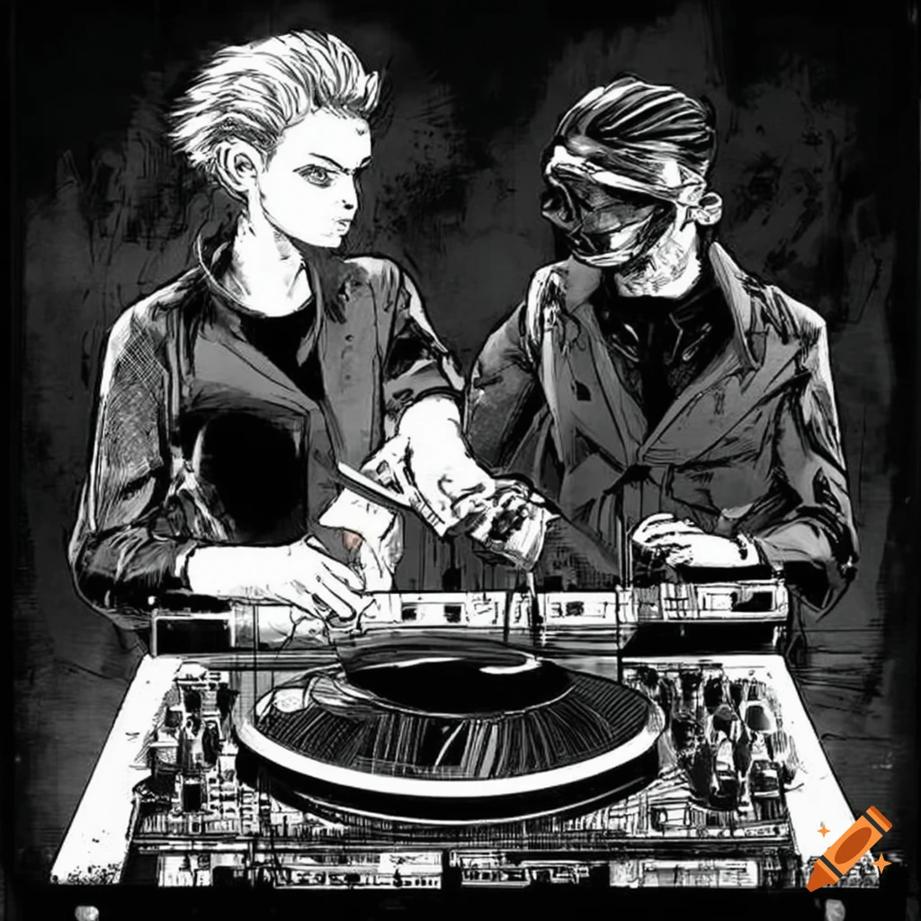 Comic noir depiction of a techno dj on Craiyon