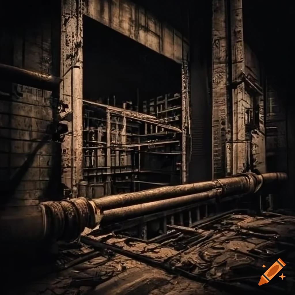 Industrial metal room with pipes and cables in dim lighting on Craiyon