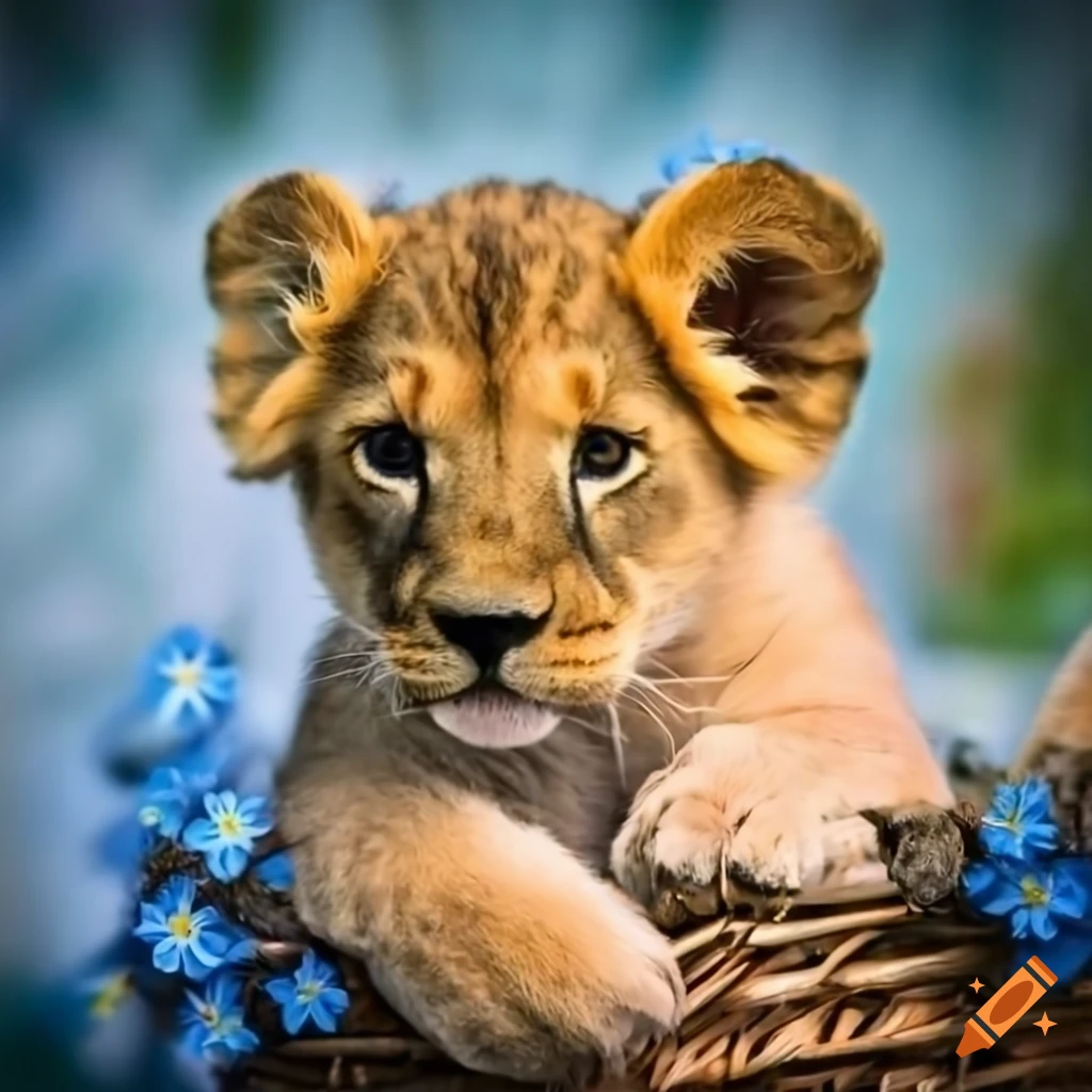 Close-up of cute lion puppy with forget-me-not flowers on Craiyon