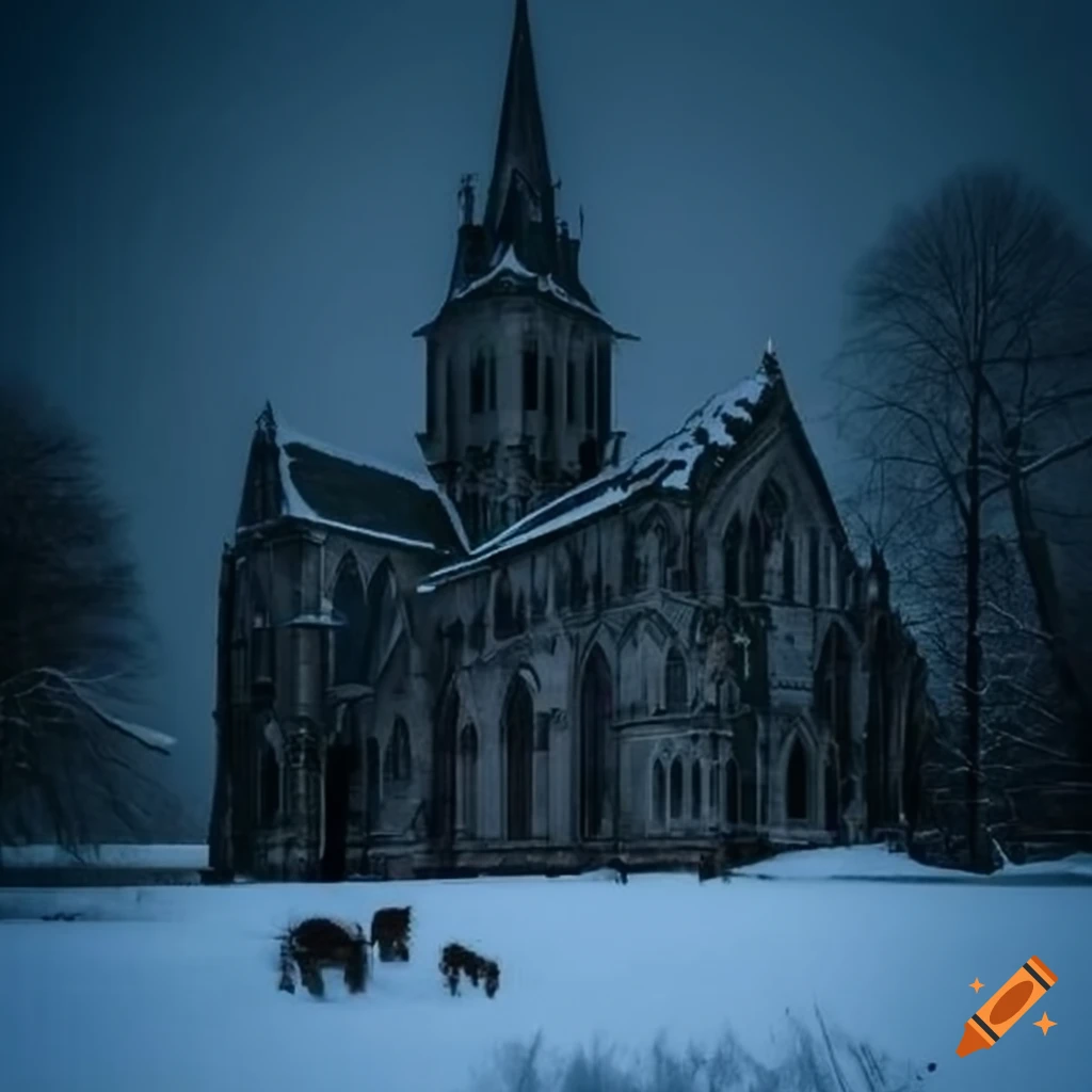 Dark cathedral in a snowy landscape on Craiyon