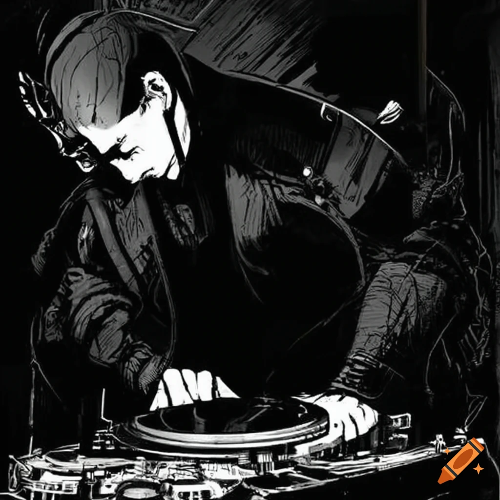 Comic noir depiction of a techno dj on Craiyon