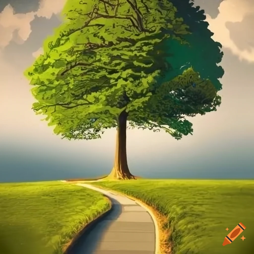 Illustration of a tree near a pathway on Craiyon