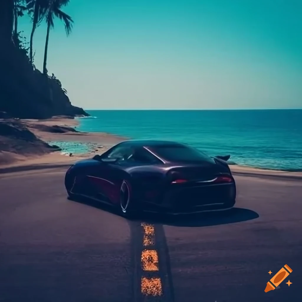 Supra car driving on a beach road with driver's perspective on Craiyon