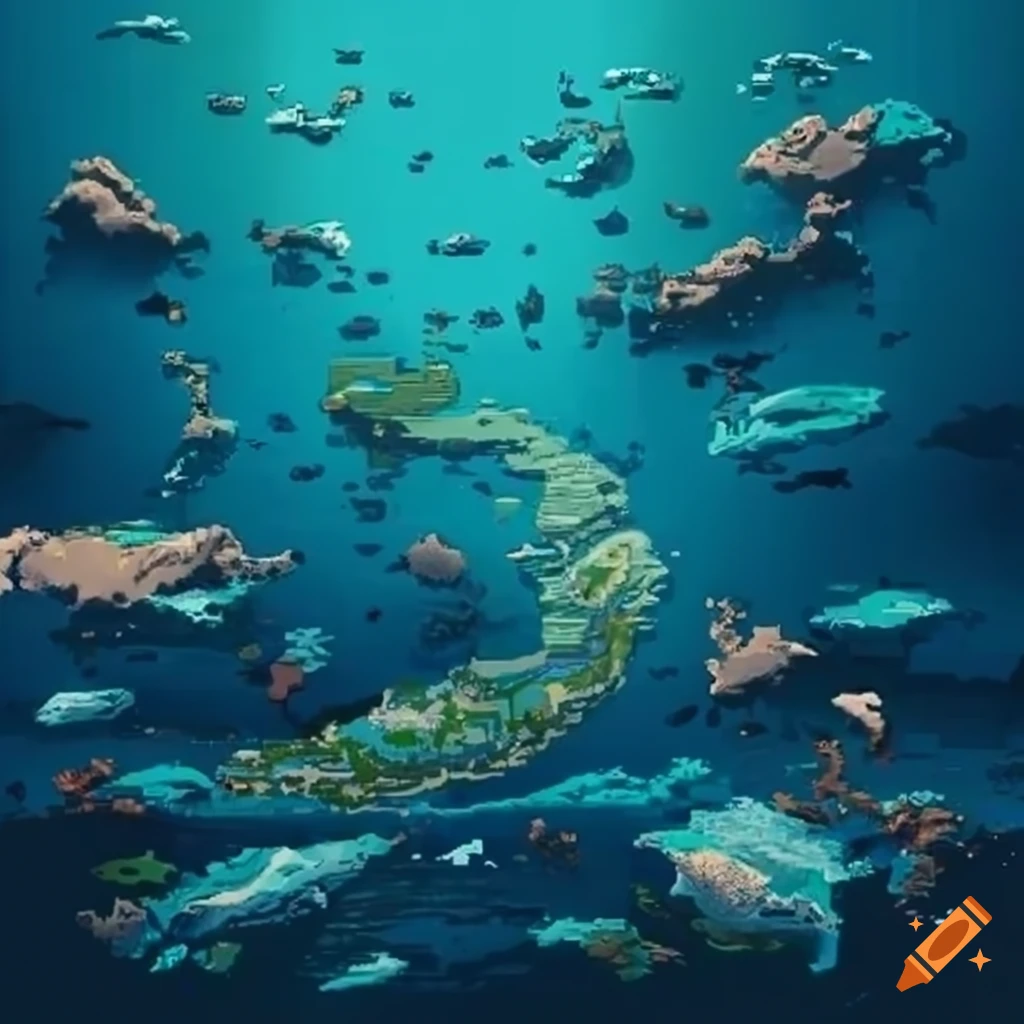 Pixel map of an imaginary world with additional oceans on Craiyon