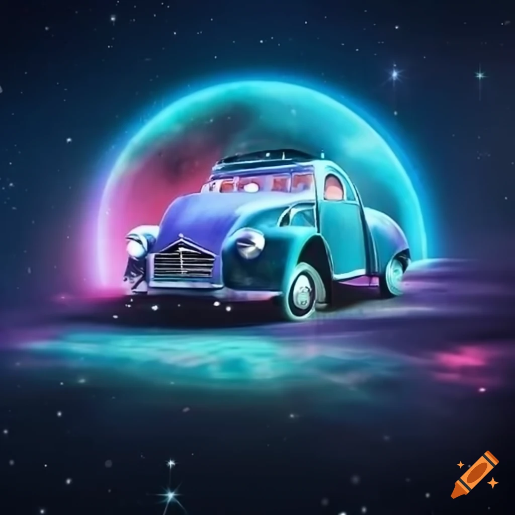 Artistic rendering of a citroën 2cv car in a futuristic cosmic ...