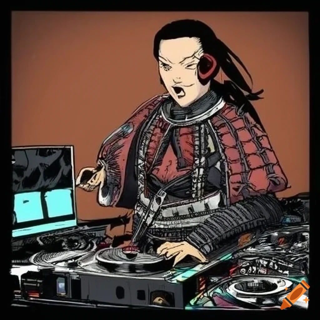 Japanese samurai techno dj in comic noir style on Craiyon