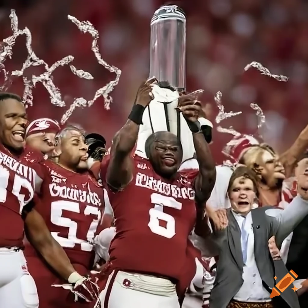 Arkansas Razorbacks celebrating with the Lombardi Trophy on Craiyon