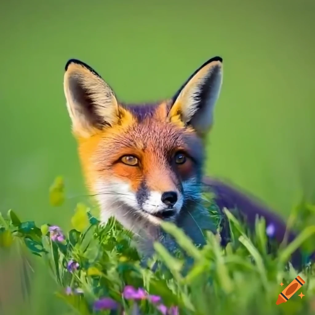 Fluffy fox emerging from forest into vibrant blooming meadow on Craiyon