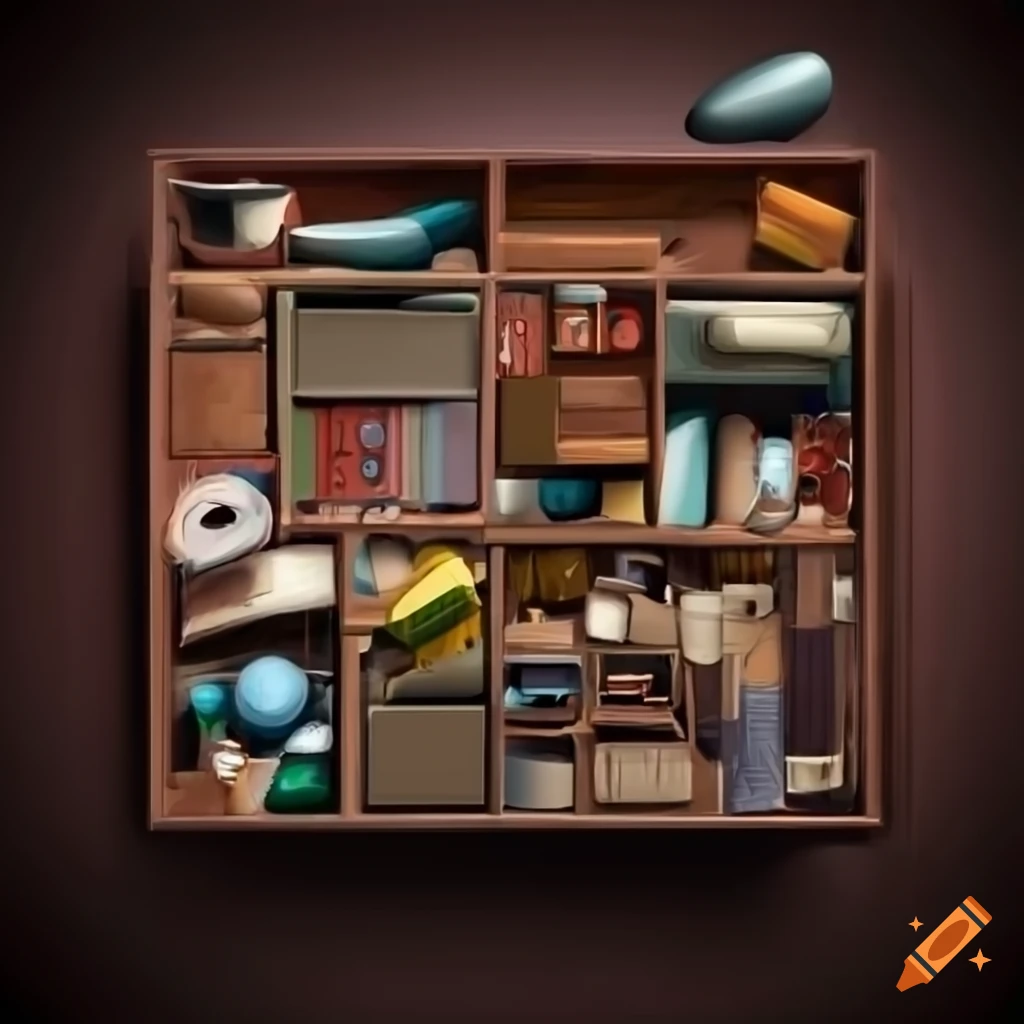 Cluttered junk drawer filled with unfamiliar objects viewed from above ...