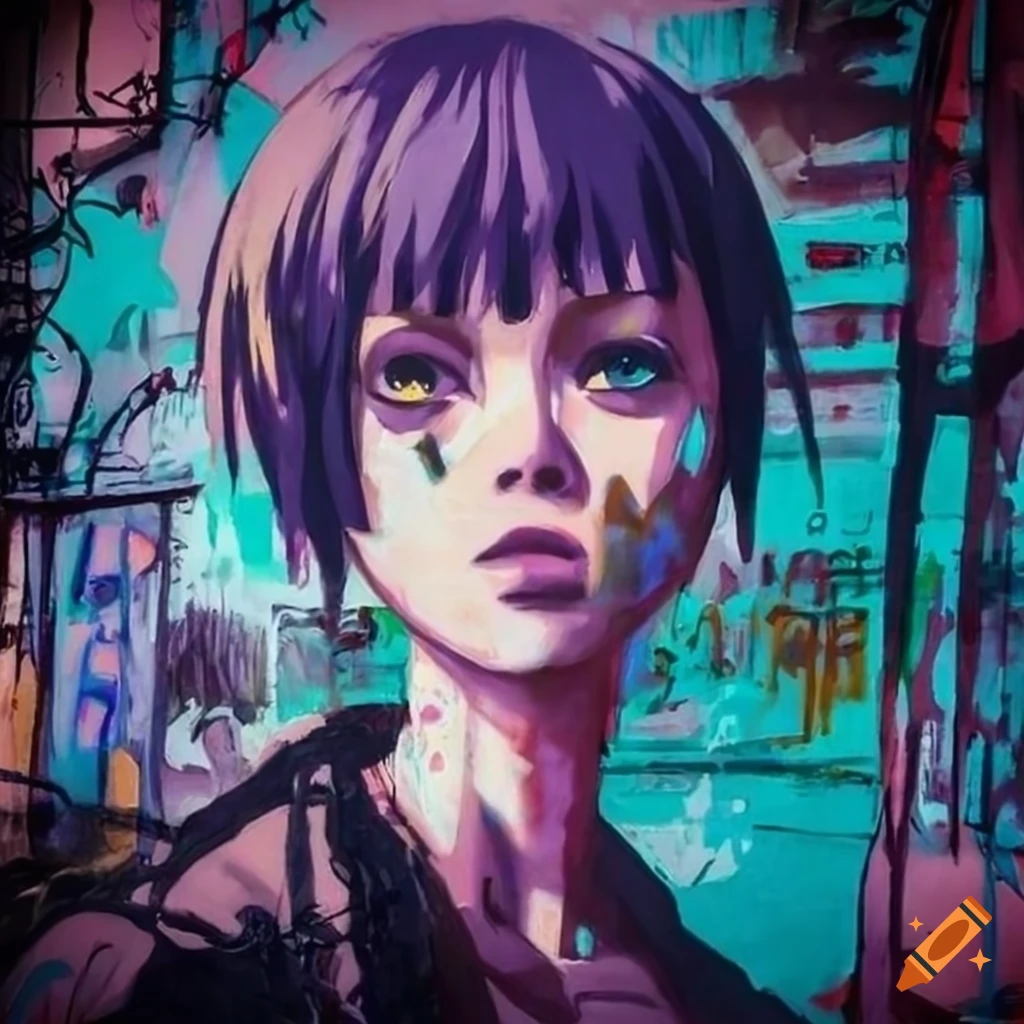 Ghost in the shell graffiti in impressionism style on city street on ...