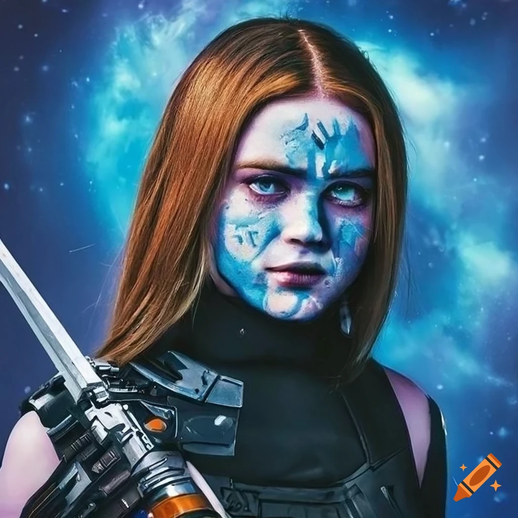 Futuristic warrior woman with blaster gun and sword in comic-style ...