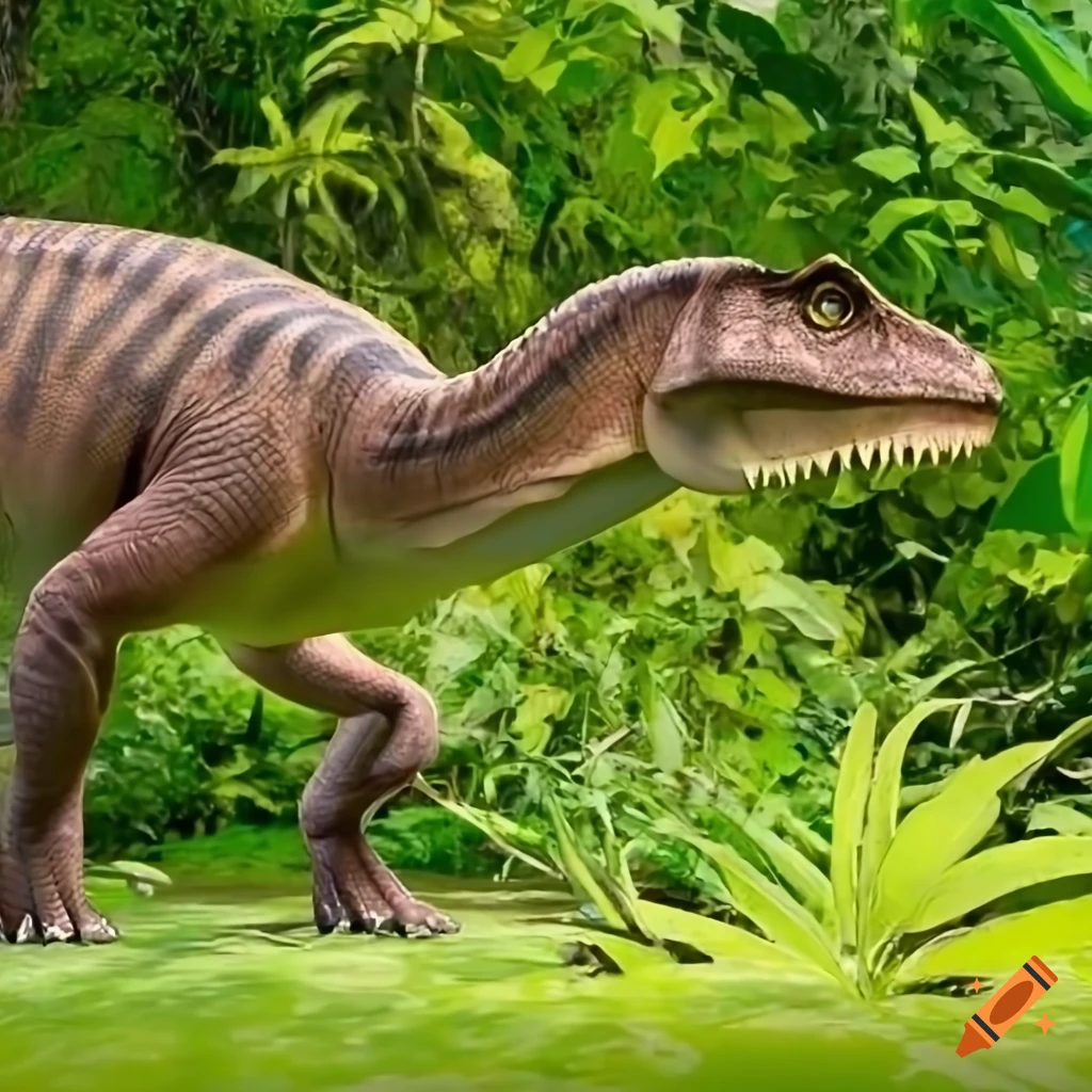 Olive-brown striped anatosaurus hidden in tall wild vegetation on Craiyon